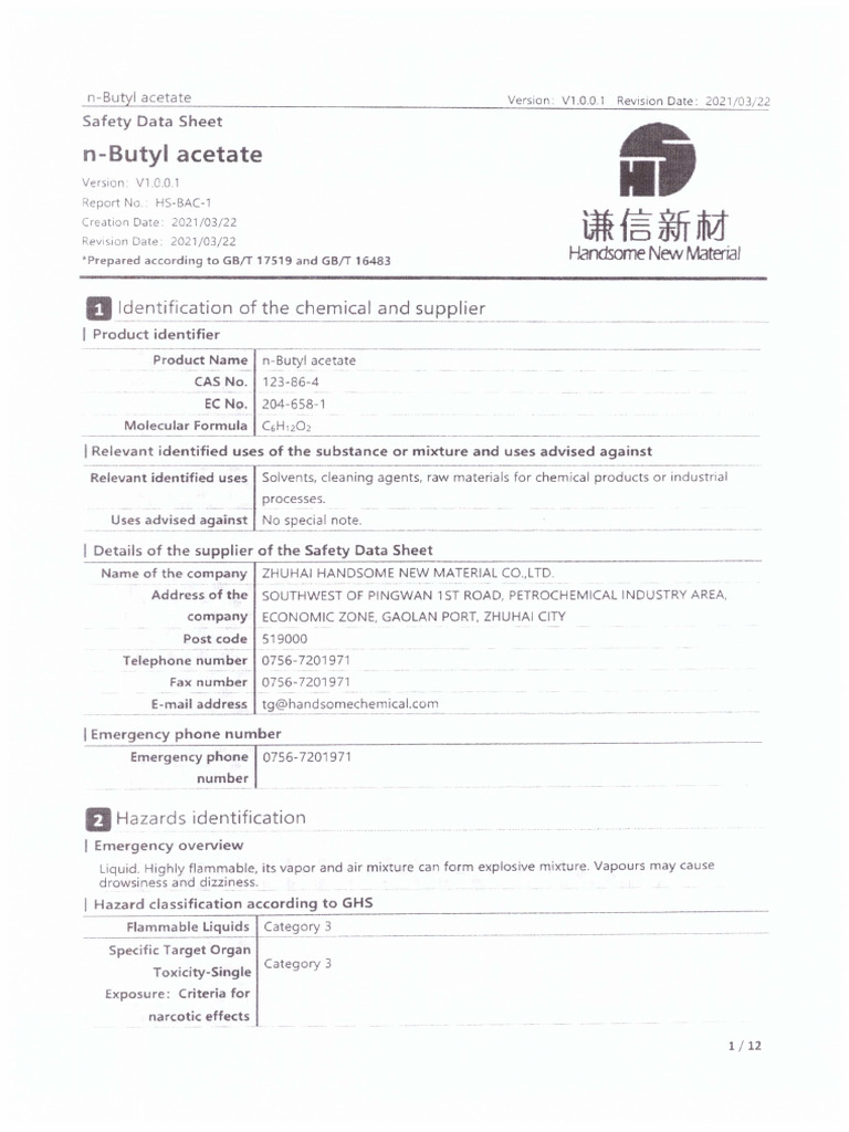 Msds N-Butyl Acetate | PDF