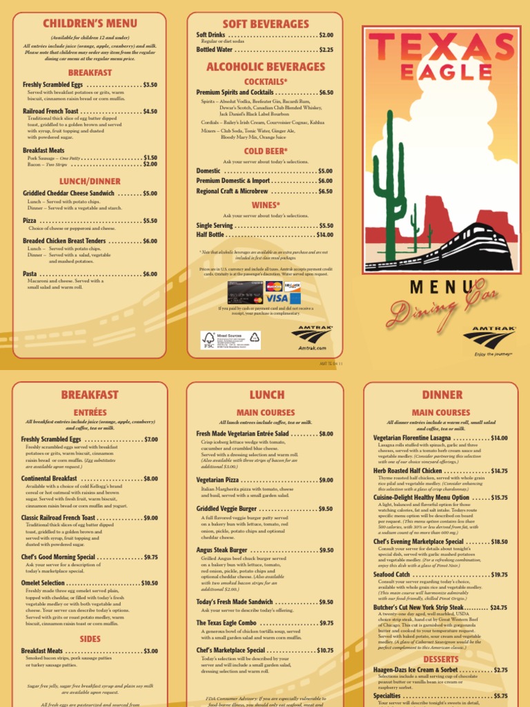 Amtrak Texas Eagle Dining Car Menu 201104 | PDF | Lunch | Hamburgers