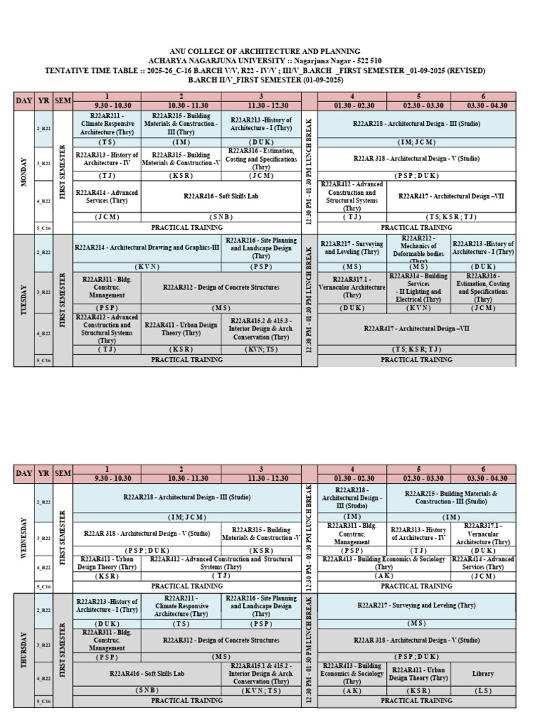 ANUCAP - 2nd Yr New & 3rd 4th 5th Yrs Revised - TIMETABLE - 01.09.2025 ...