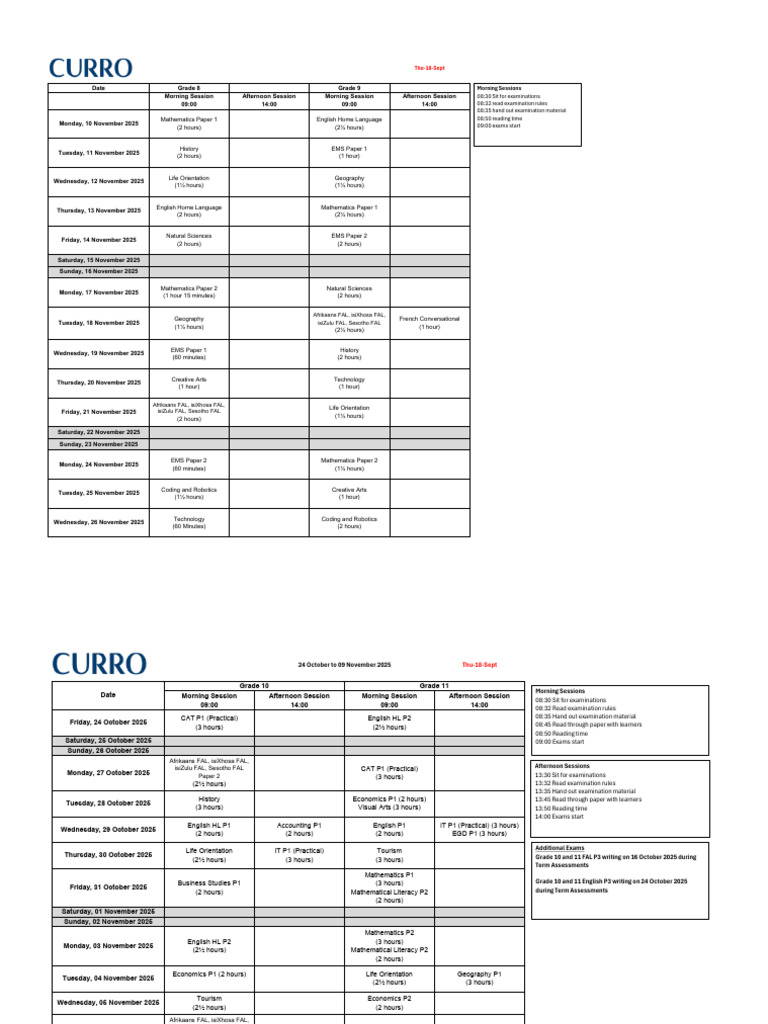 DigiEd DBE November 2025 Exam Timetable Grades 8 To 11 - Final | PDF