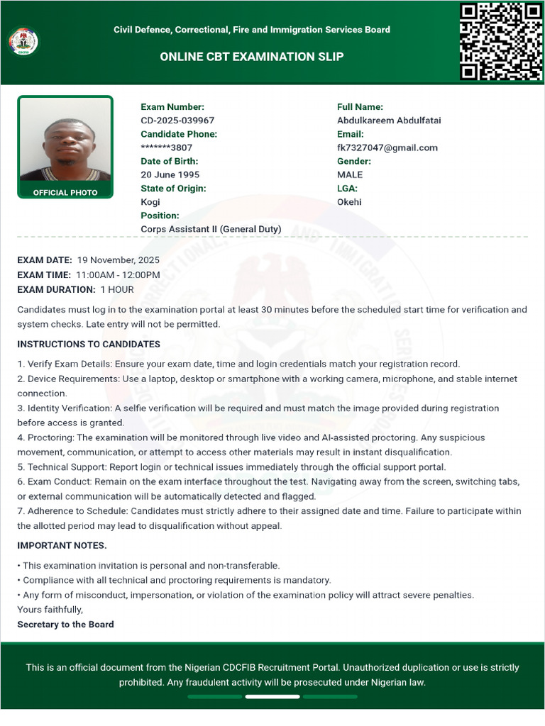Abdulkareem Abdulfatai Application Slip | PDF