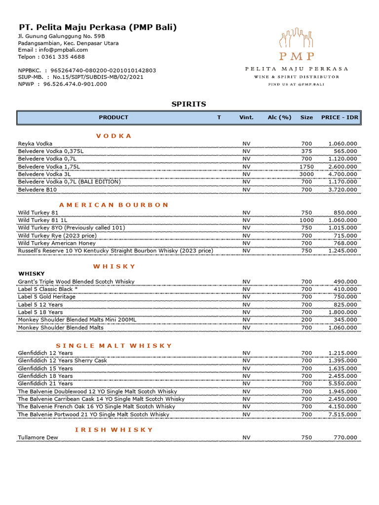 PMP Bali Spirits Price List | PDF | Whisky | Scotch Whisky