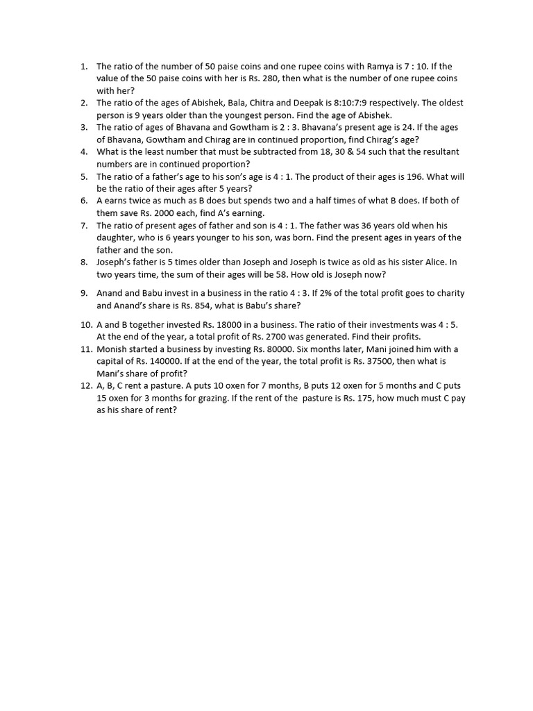 Practice Questions on Ratios Ages Patnership | PDF