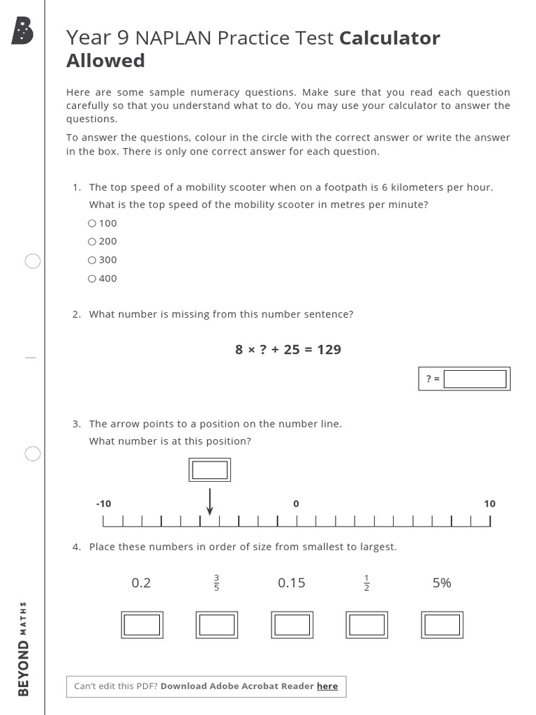 Year 9 NAPLAN Practice Test Calculator Allowed - Interactive | PDF