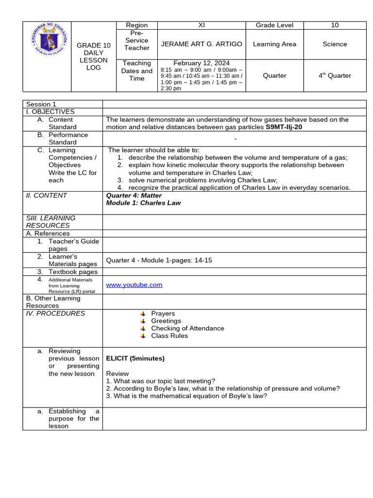 Grade 10 Science Lesson on Charles Law | PDF | Gases | Temperature