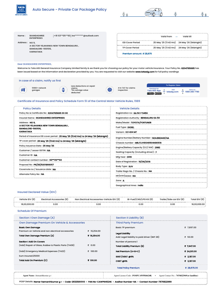 Tata AIG Motor Policy Schedule - 3184 - 6204765665-00 | PDF | Insurance ...