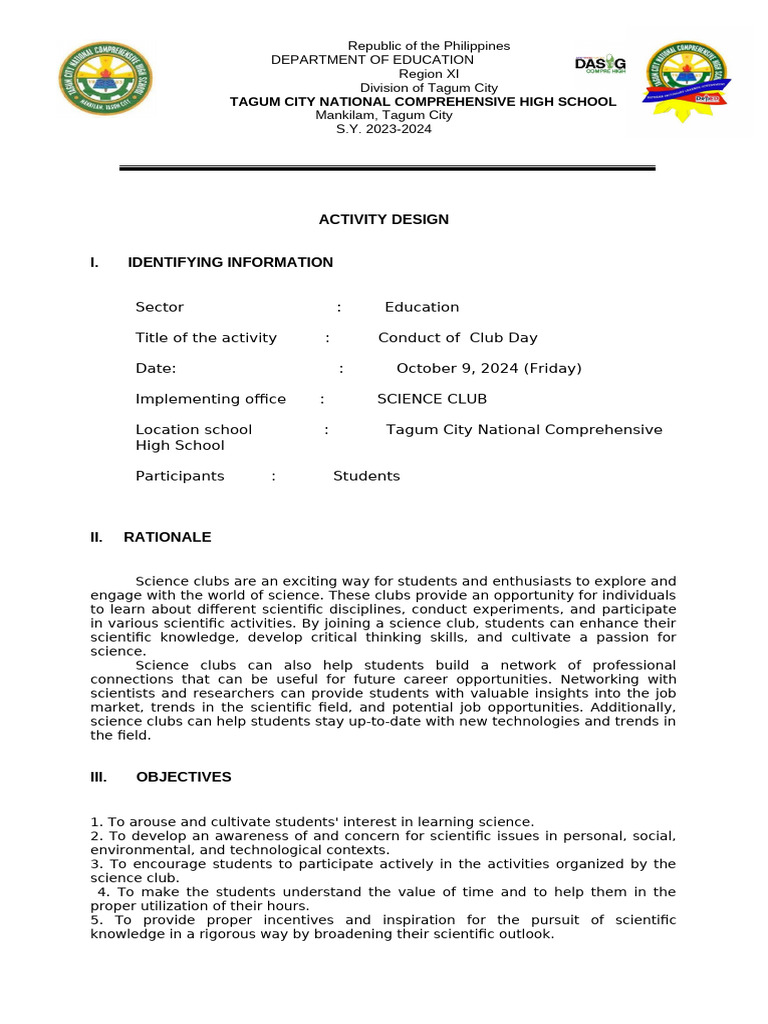 Science Club Activity Design Club Day Copy | PDF | Science | Learning
