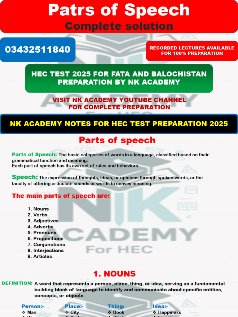 Parts of Speech For Hec Test 2025 by NK Academy | PDF | Part Of Speech ...