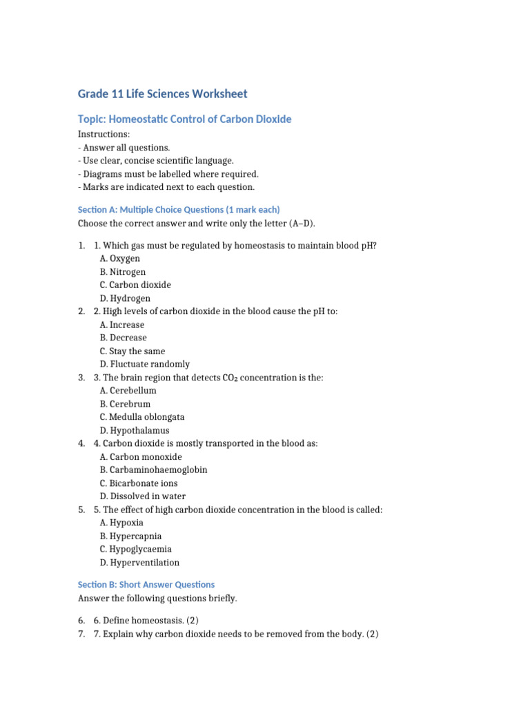 Grade 11 CO2 Homeostasis Worksheet | PDF | Homeostasis | Carbon Dioxide