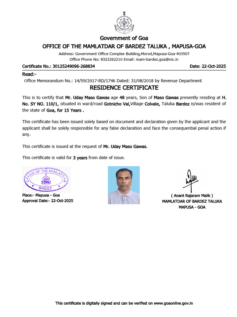 Government of Goa Office of The Mamlatdar of Bardez Taluka, Mapusa-Goa ...