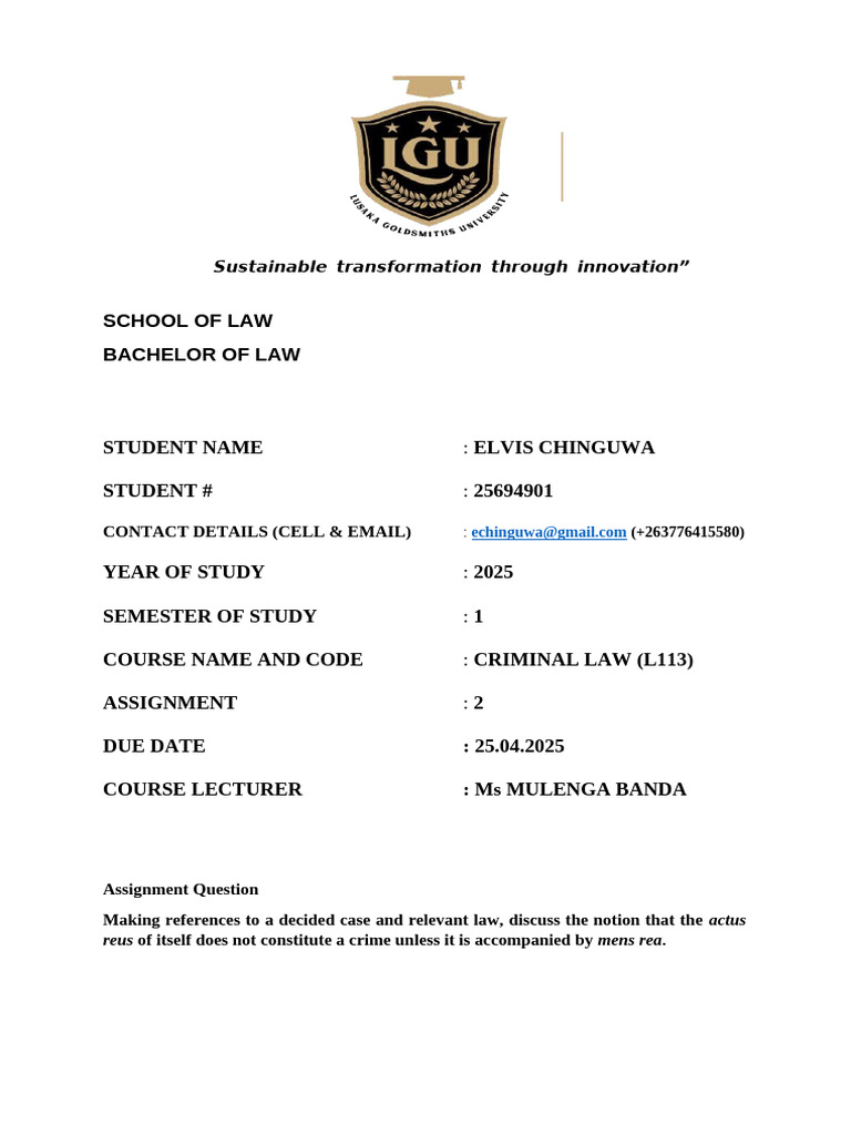 Assignment 2 Criminal Law | PDF | Mens Rea | Criminal Law