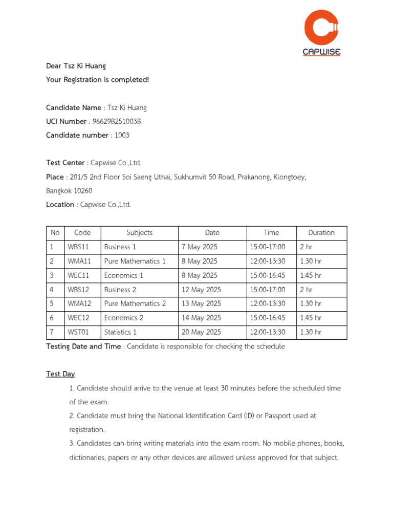 Dear TSZ Ki Huang Your Registration Is Completed! Candidate Name UCI ...
