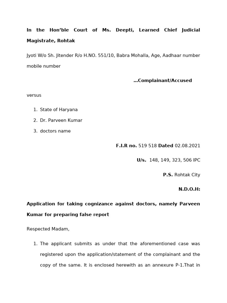 Application Against Doctor's False Report | PDF | Justice | Crime ...