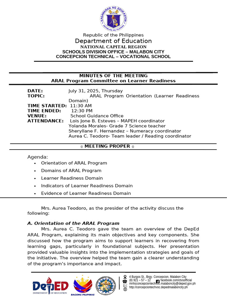 ARAL Program Meeting Minutes: Learner Readiness | PDF | Learning ...