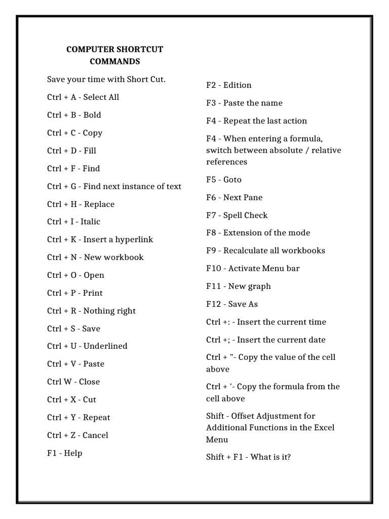 Computer Shortcut Commands | PDF | Spreadsheet | Software Engineering