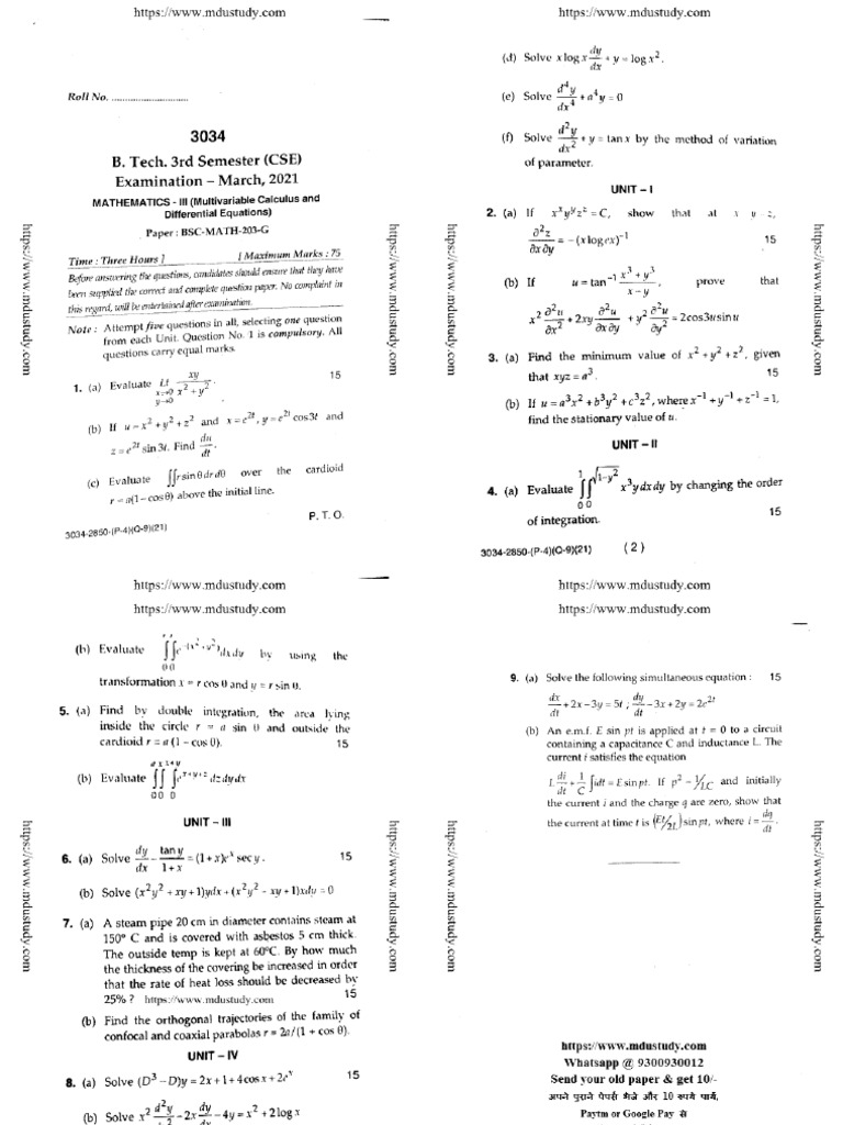 Btech Cse 3 Sem Mathematics 3 Multivariable Calculus and Differential Equations 3034 Mar 2021 | PDF