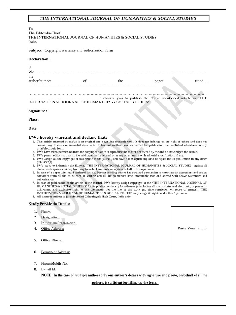 Author Declaration Form The IJHSS | PDF | Copyright