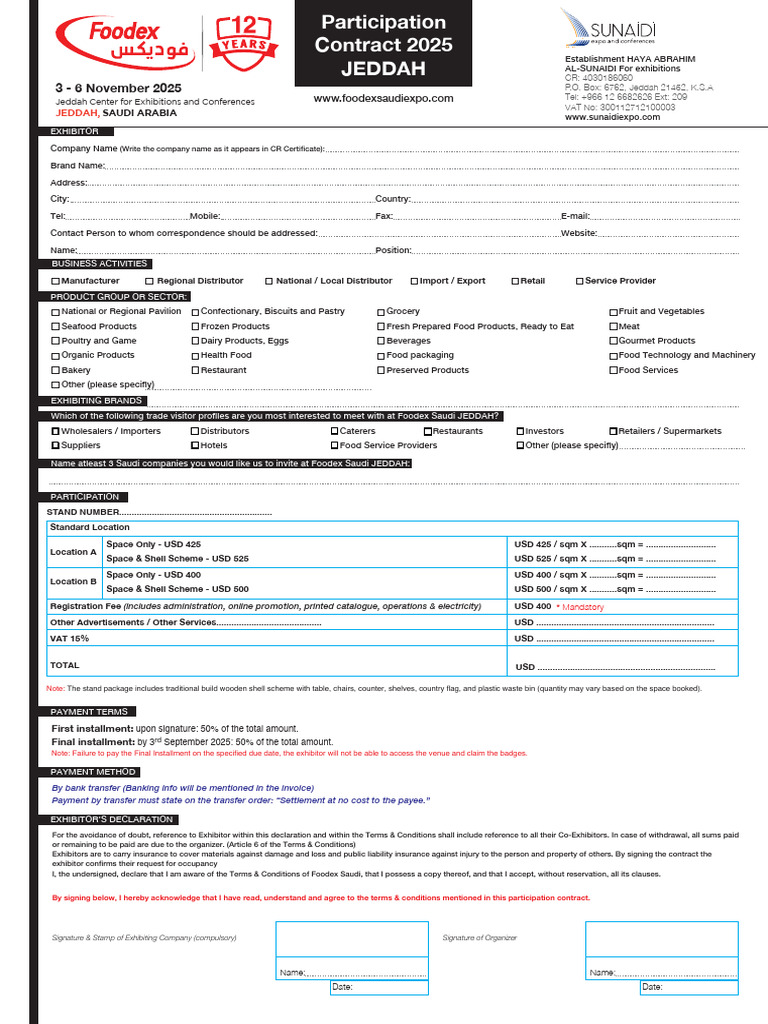 JEDDAH - Foodex Saudi Participation Contract (USD) | PDF | Travel Visa ...