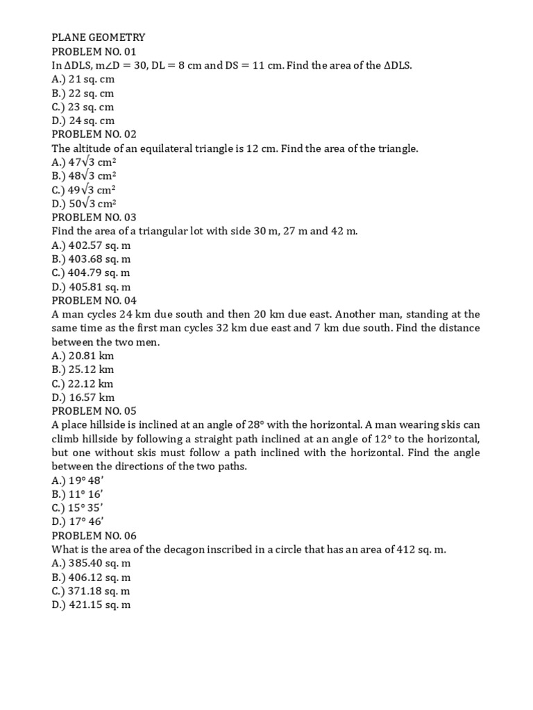 Plane Geometry Problem Set Solutions | PDF | Area | Circle