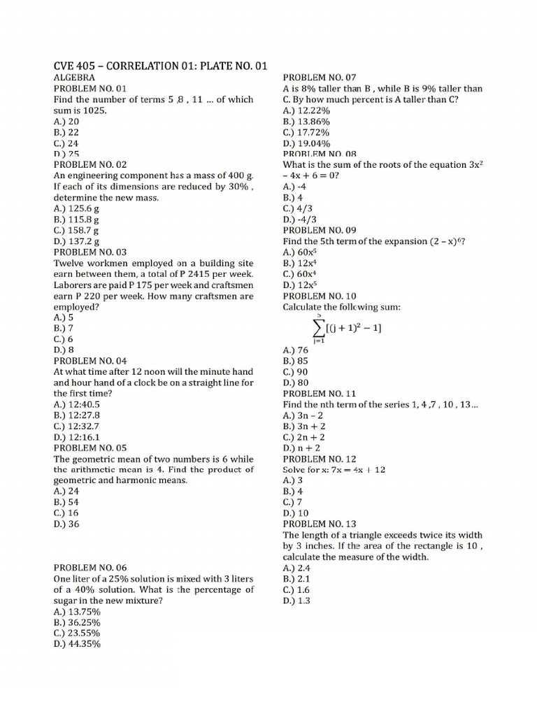 Plate No. 01 - Algebra (40 Problems) | PDF