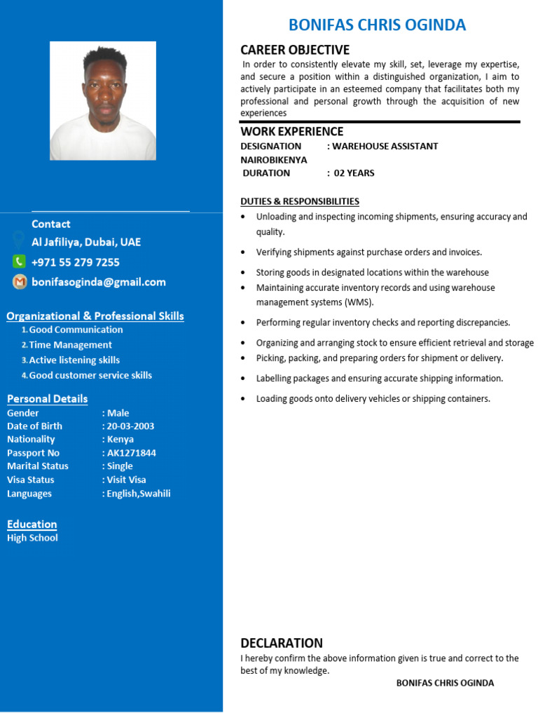 Bonifas Warehouse Assistant CV | PDF | Warehouse | Supply Chain Management