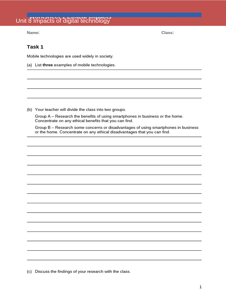 T1 Worksheet 1 | PDF | Question | Smartphone
