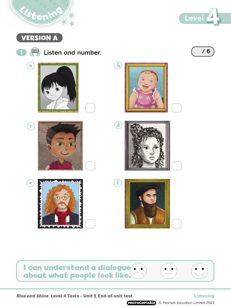 Rise and Shine Level 4 Unit 1 Tests | PDF | Human Appearance | Human Hair