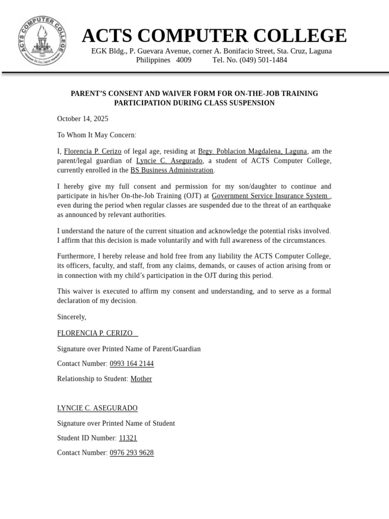 Parents Consent For OJT | PDF