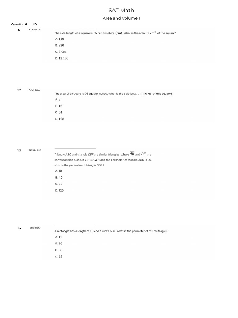 SAT Math Area, Volume, and Geometry | PDF | Trigonometry | Combinatorics
