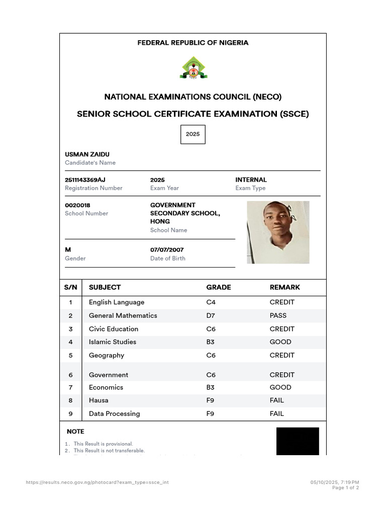 NECO SSCE Results for Usman Zaidu 2025 | PDF