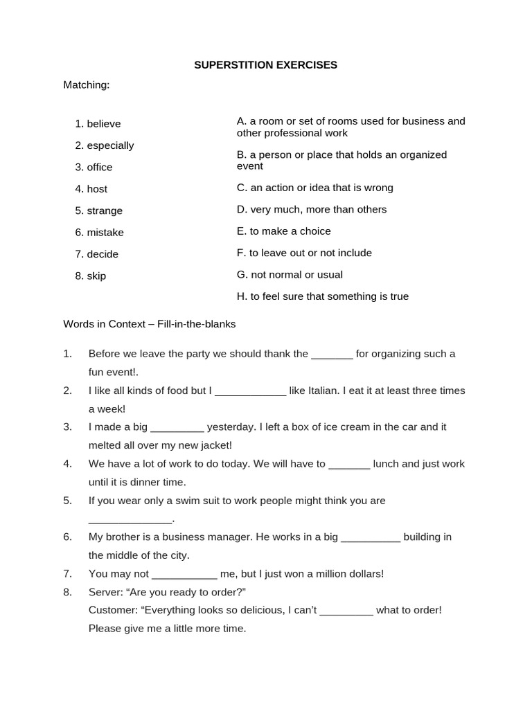 Superstition Vocabulary Exercises | PDF