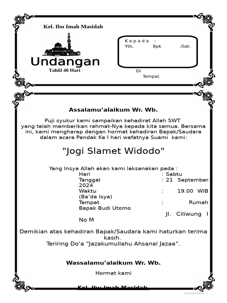 Undangan Tahlil 40 Hari Jogi Slamet Widodo | PDF