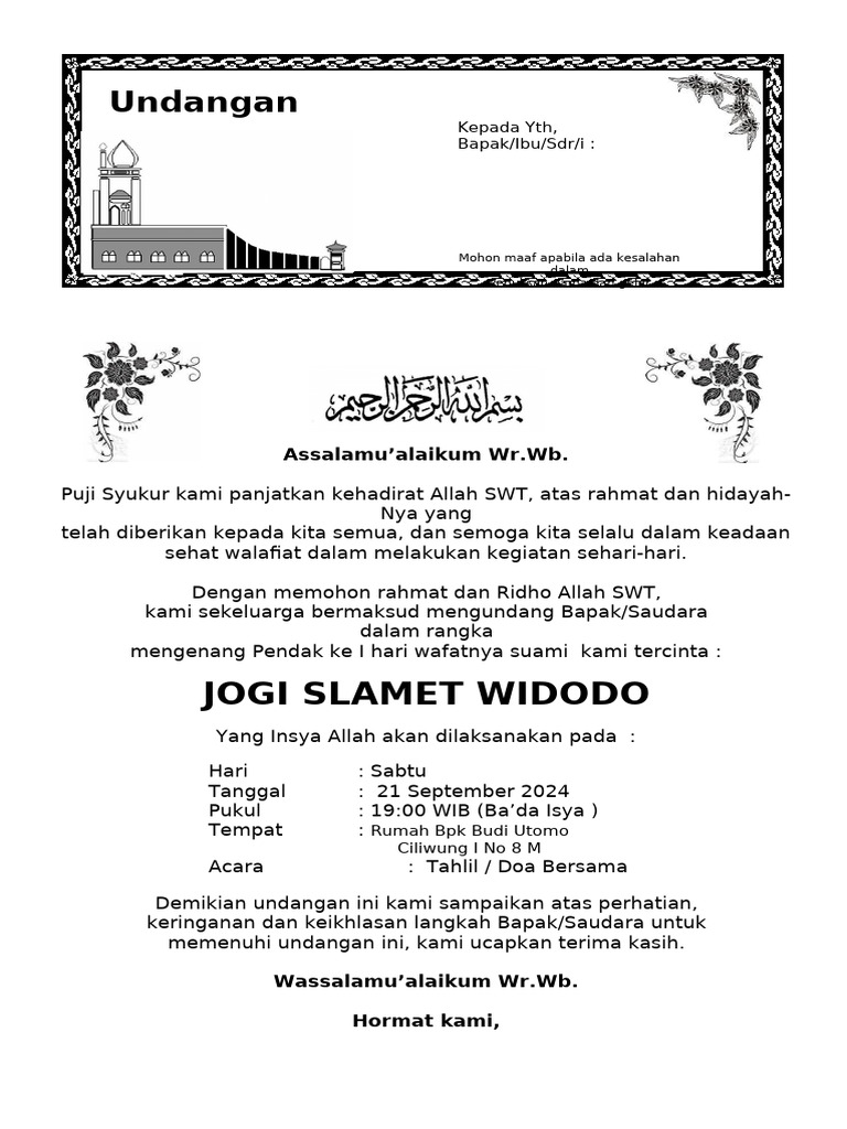 Undangan Tahlil Jogi Slamet Widodo | PDF