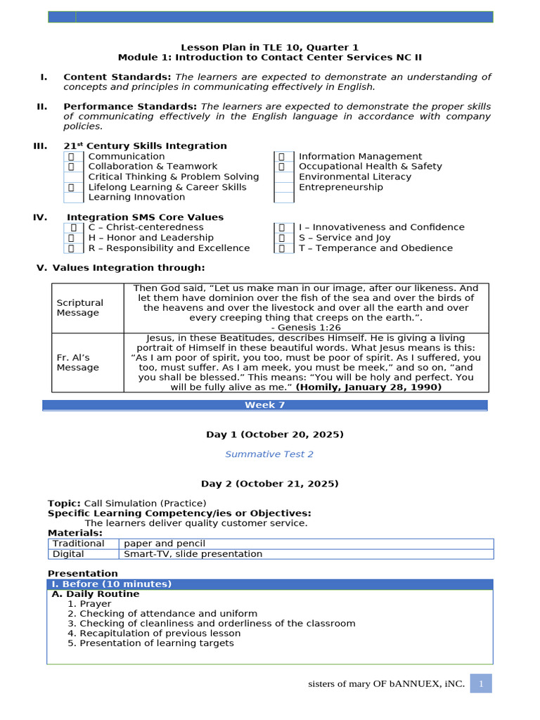 TLE 10 Lesson Plan: Call Center Skills | PDF | Learning