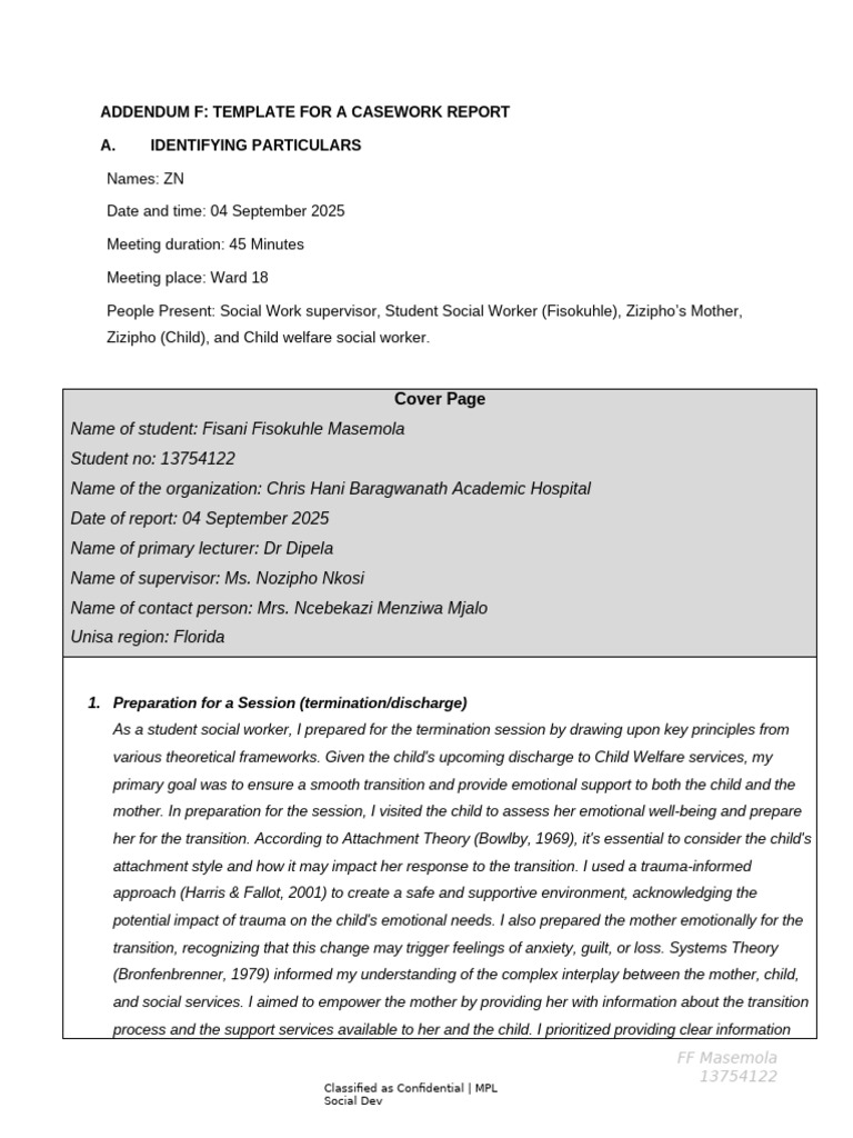 CASEWORK PROCESS REPORT Five | PDF | Attachment Theory | Behavioural Sciences