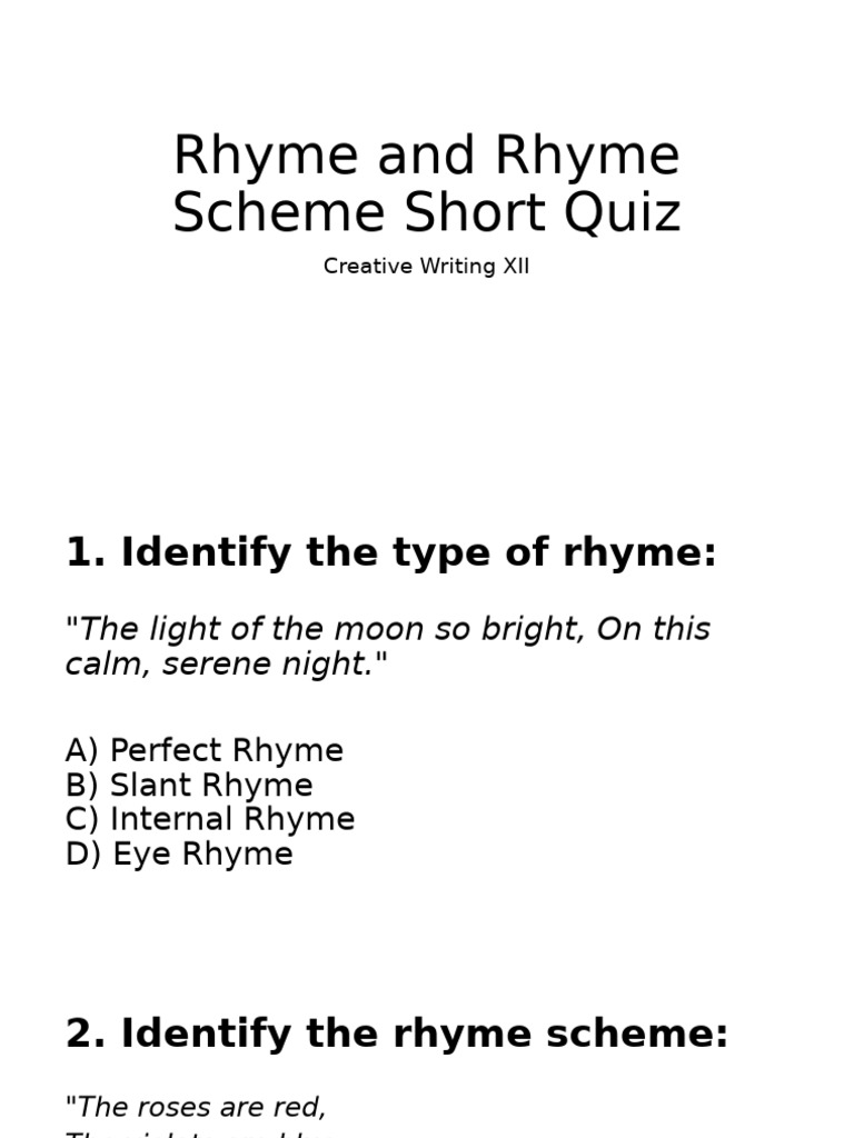 Rhyme and Rhyme Scheme Short Quiz | PDF