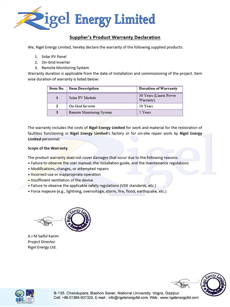 Product Warranty Declaration | PDF