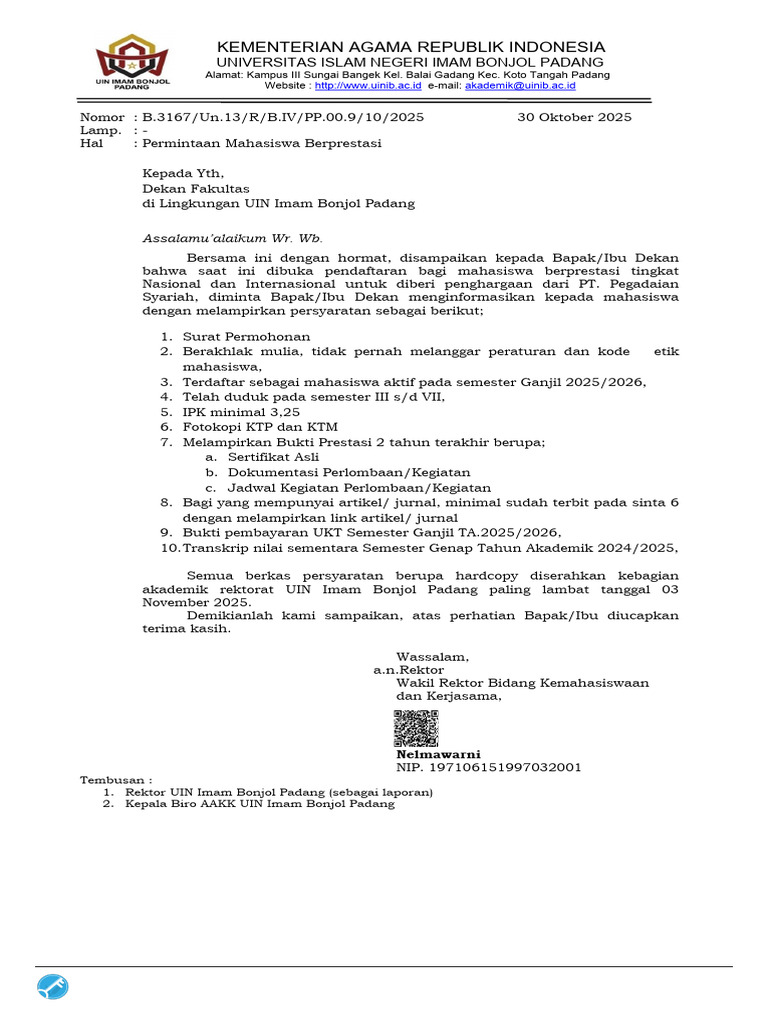 Surat Permintaan Mahasiswa Berprestasi 2025 TTE | PDF