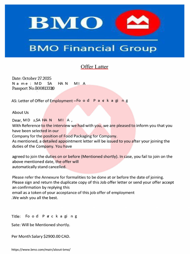 M SAHAN MIA Job Letter From Bmo Company Canada (1) | PDF