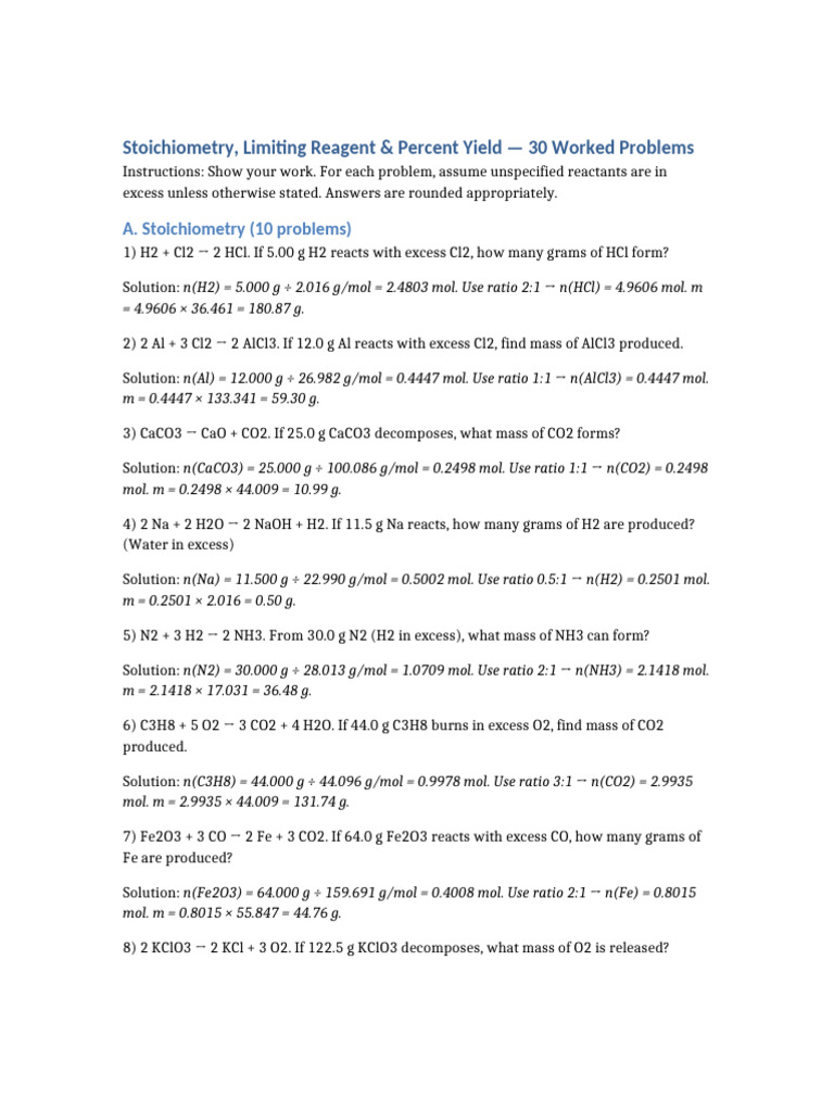 Limiting Reagent & Yield Problems | PDF | Stoichiometry | Unit Processes