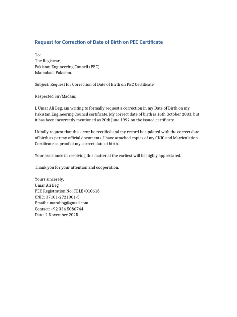 PEC Certificate Date of Birth Correction Request | PDF