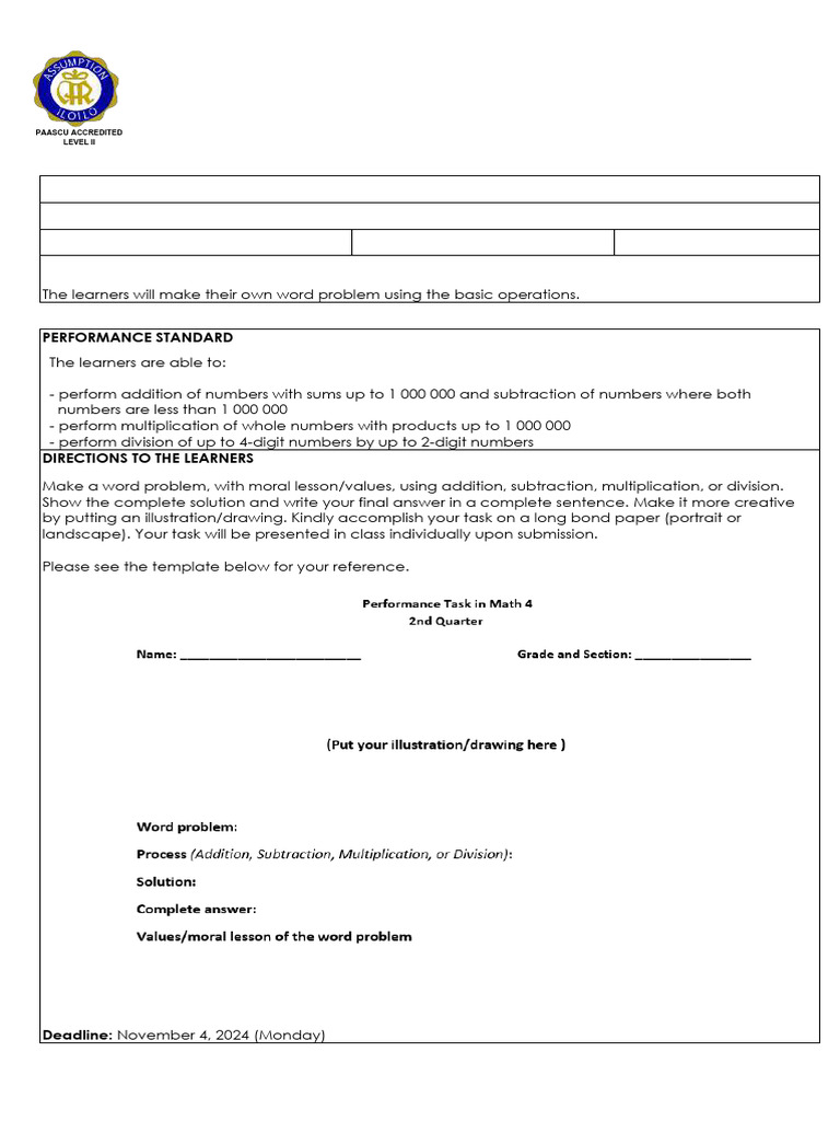 Grade 4 Math Performance Task Guide | PDF | Learning | Mathematics