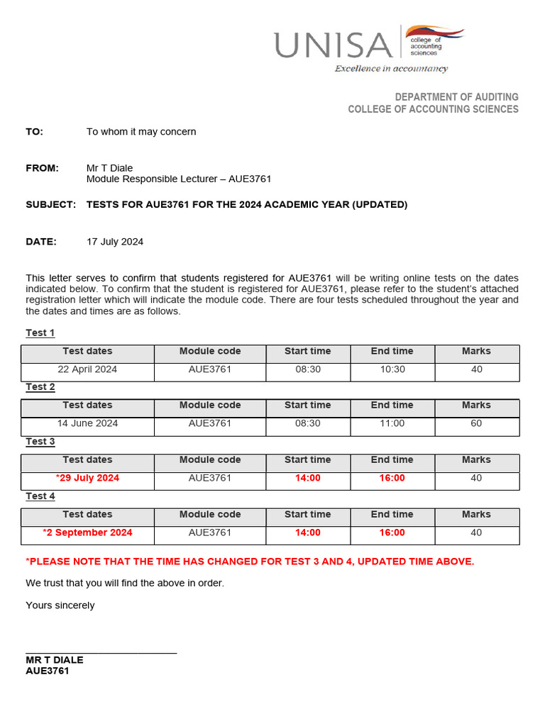 Student Letter - Year Tests - AUE3761 - 2024 | PDF