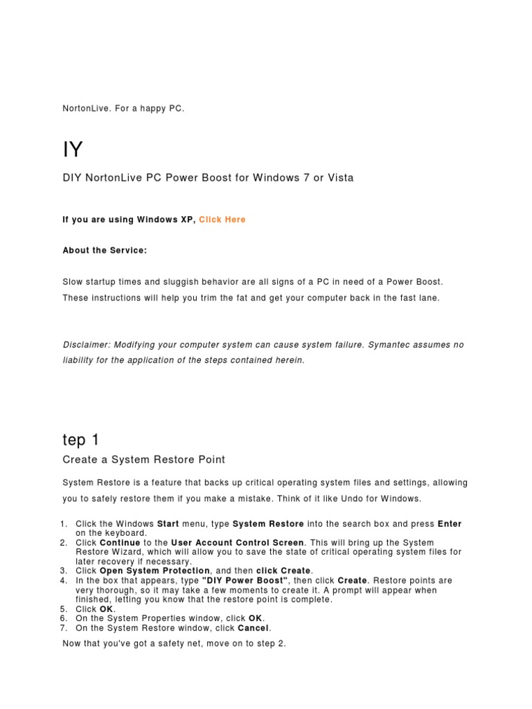 Diy Nortonlive PC Power Boost For W Indows 7 or Vista: If You Are Using ...