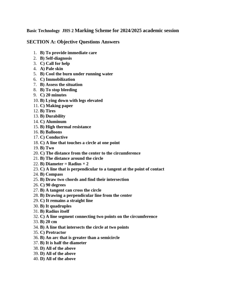 Basic Technology JHS 2 Marking Scheme For 2024 | PDF | First Aid | Circle
