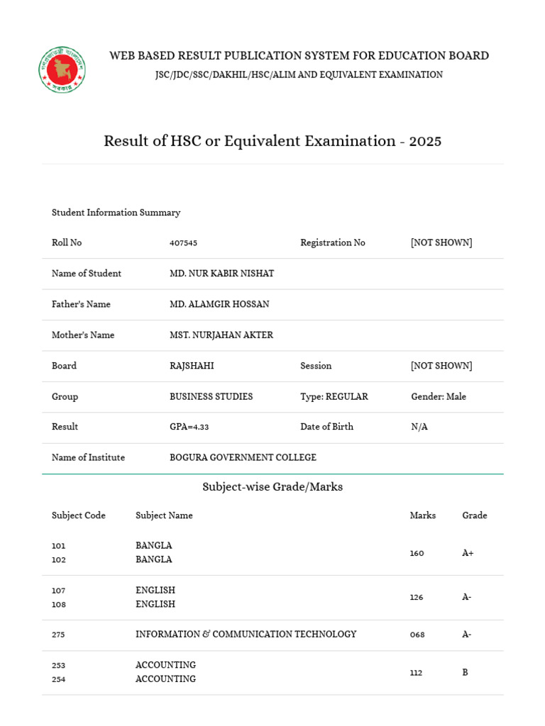 Result of HSC or Equivalent Examination - 2025: Web Based Result ...
