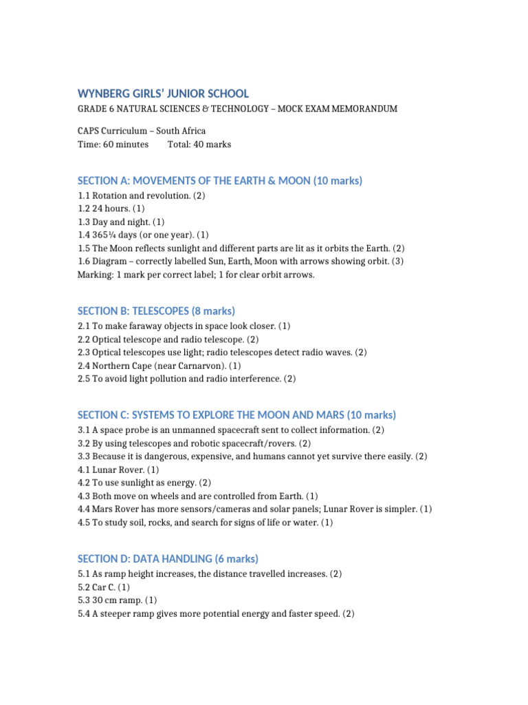 Grade 6 Natural Sciences Mock Exam | PDF | Moon | Rover (Space Exploration)