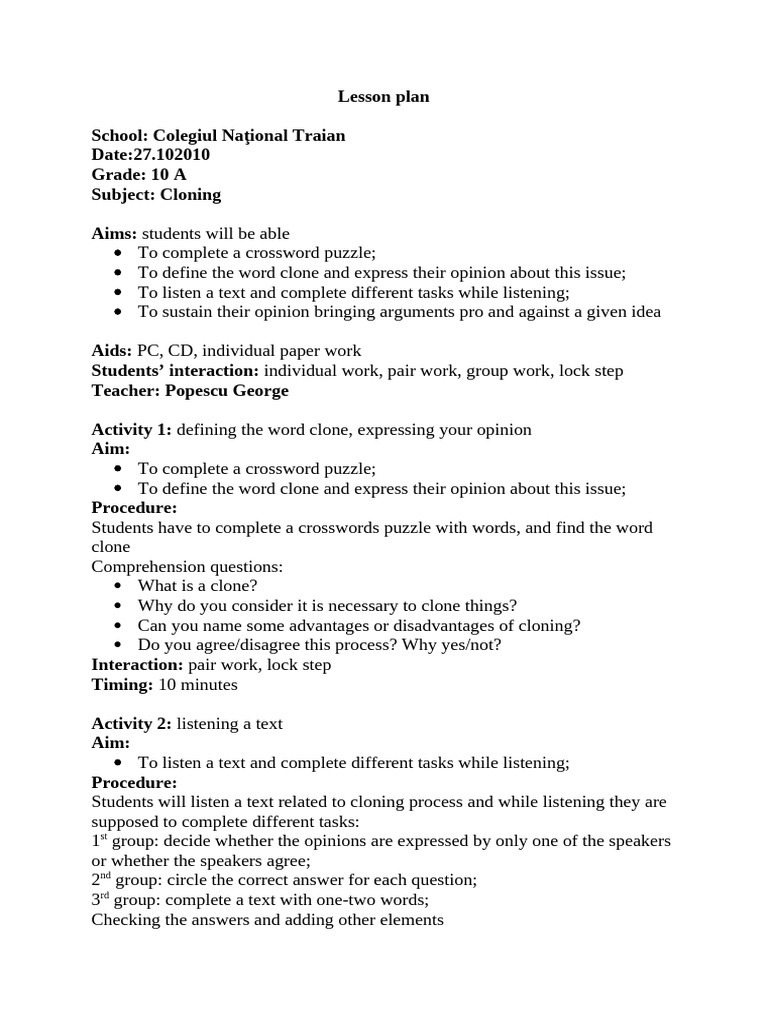 Cloning Lesson Plan | PDF