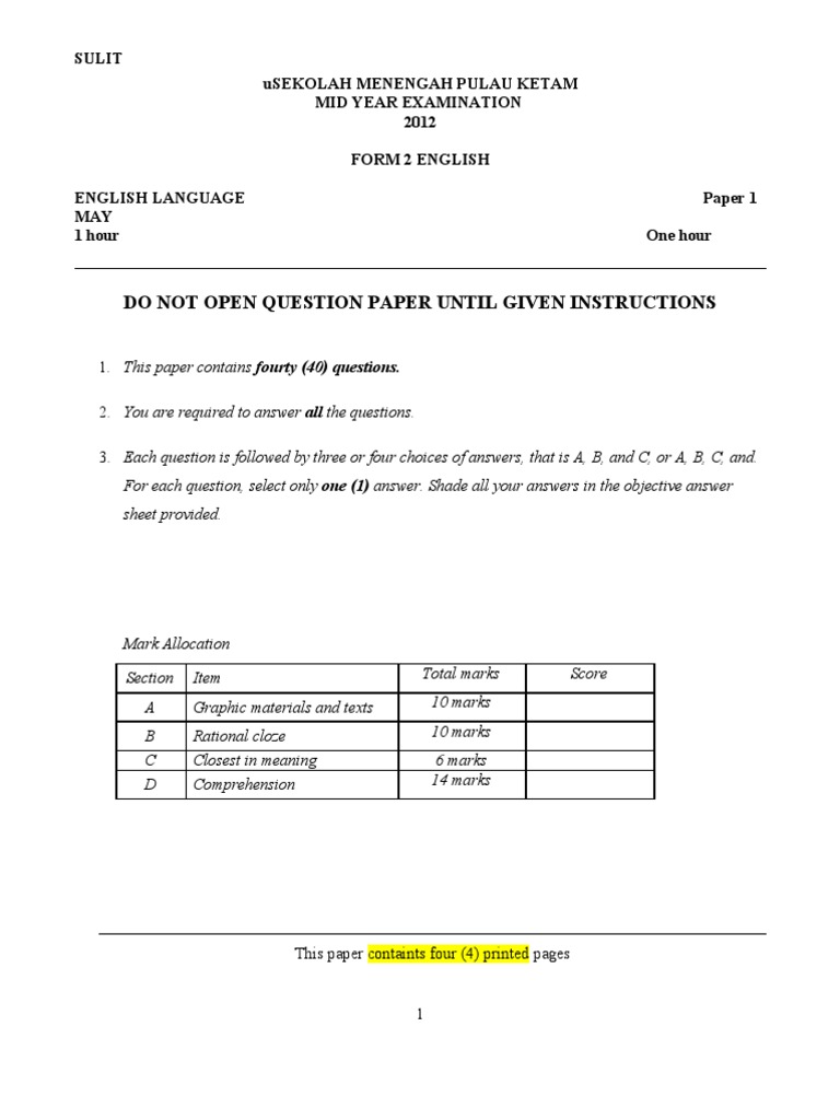 SMKPK MidYear English Form 2 (Paper 1) | PDF | Homework | Teachers