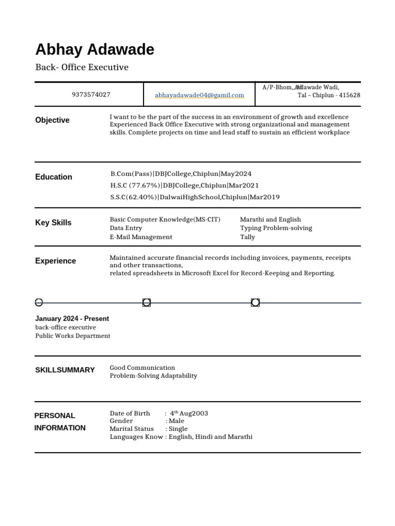 Back Office Executive Resume - Abhay Adawade | PDF